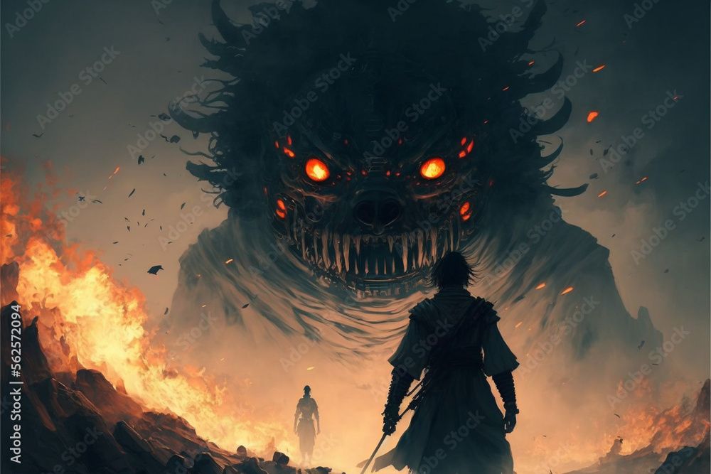 anime warrior against wizard and his gigantic demon Stock Illustration ...