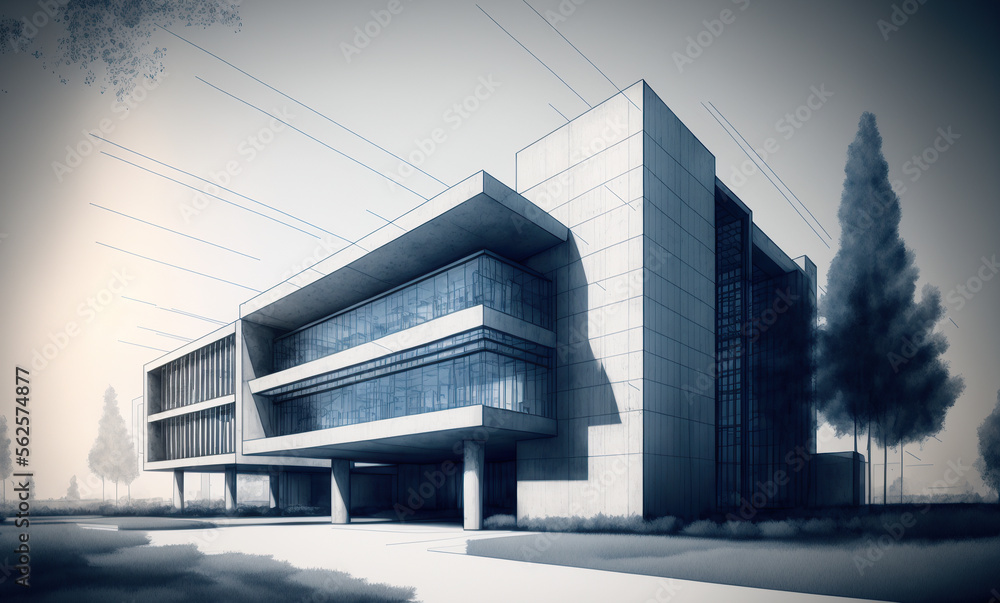 Modern Architecture Sketch Drawing With Ruler Lines and Shading ...