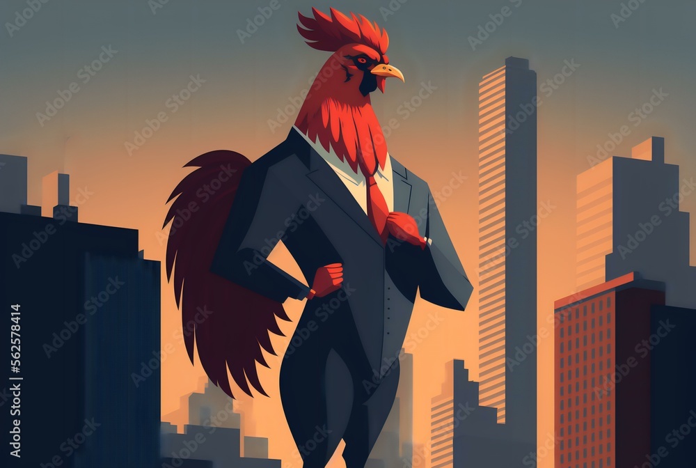 rooster in a suit standing tall in front of a skyscraper, representing ...