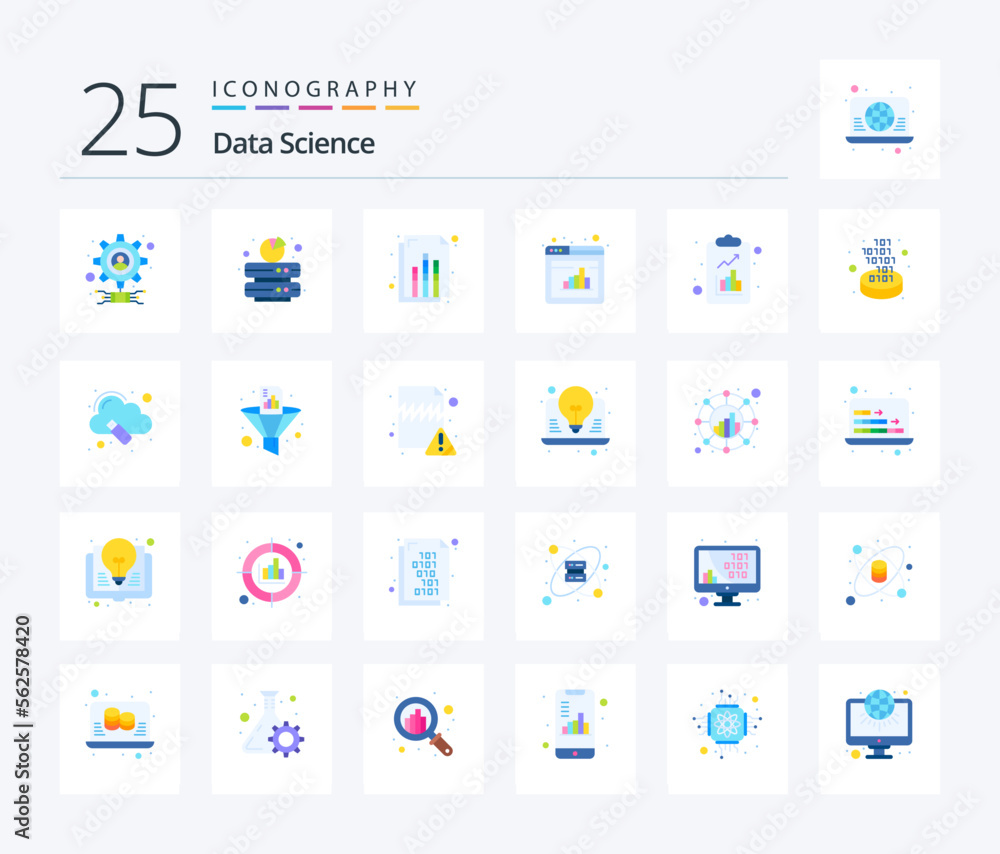 Data Science 25 Flat Color icon pack including check list. graph ...