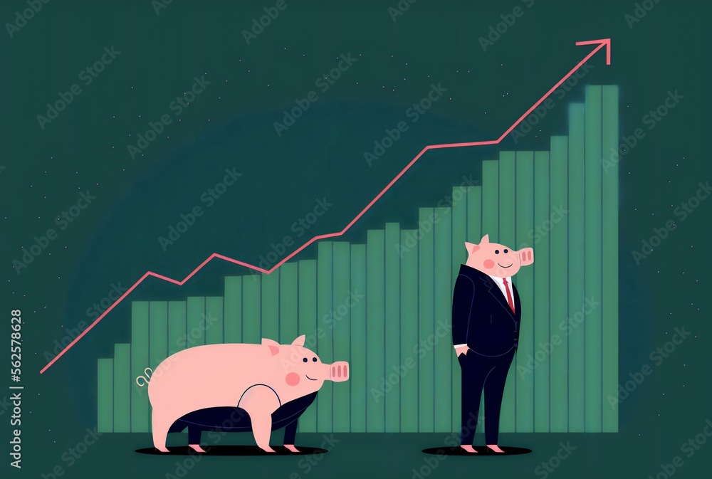 pig in a suit standing in front of a graph showing a steep upward trend ...
