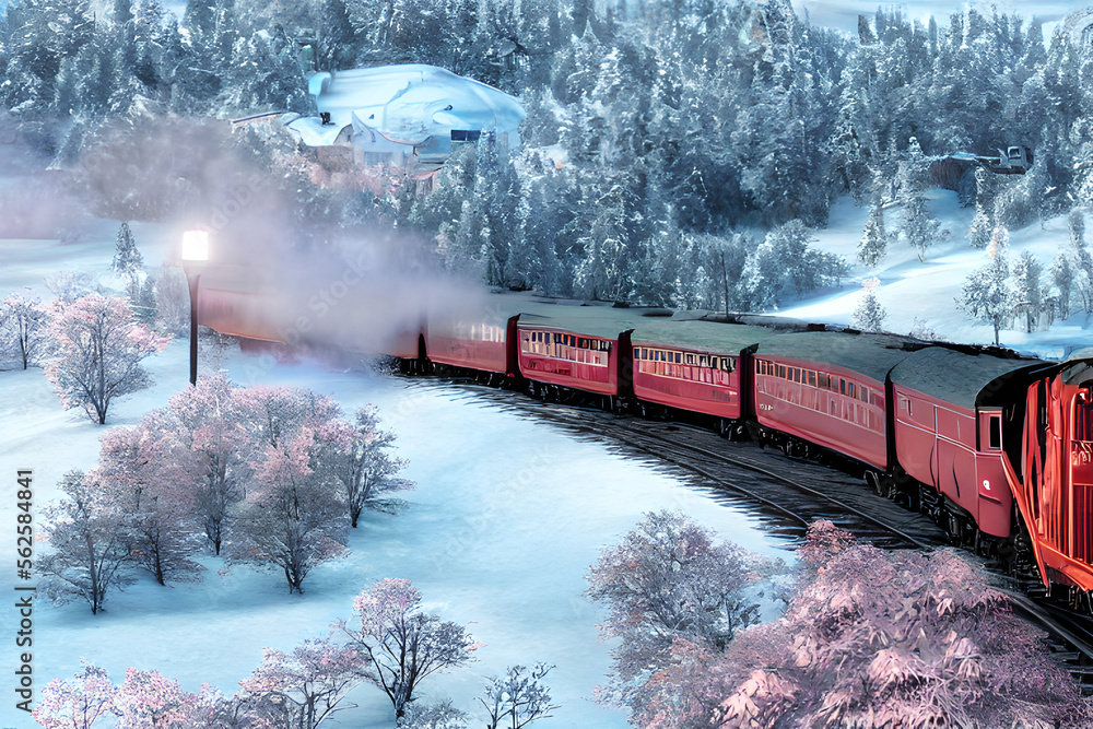 locomotive steam train driving through the snow, the polar express ...