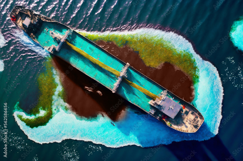Oil leak from tanker ship in sea. Fuel spill pollution water as result ...
