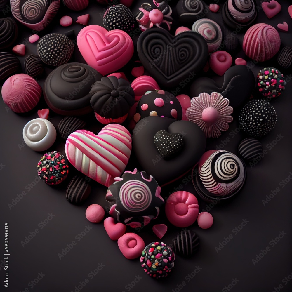 Matte black background with candy of many colors and bright and ...