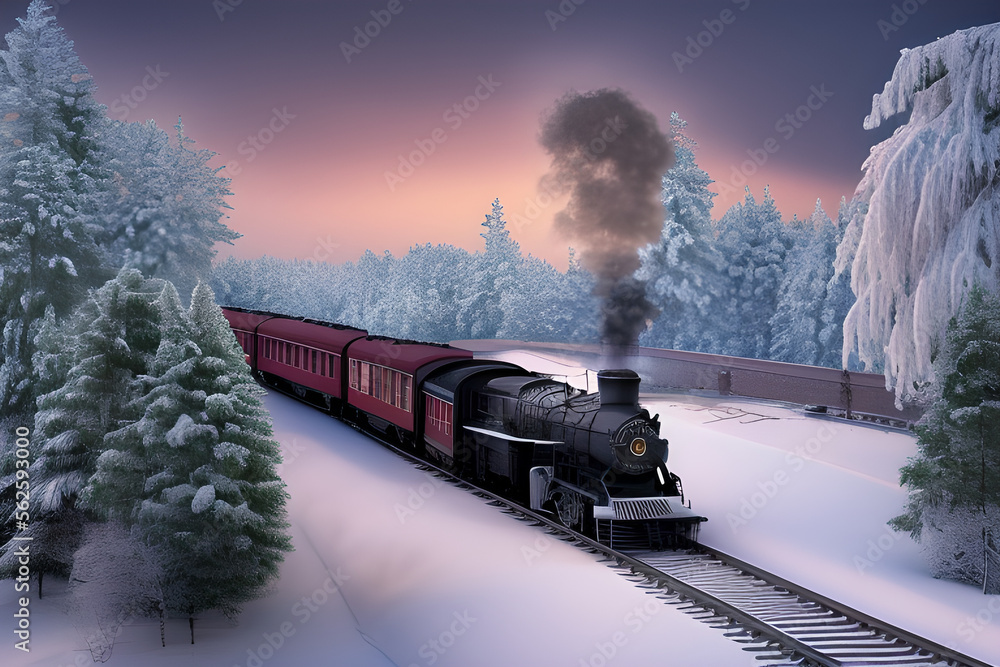 locomotive steam train driving through the snow, the polar express ...