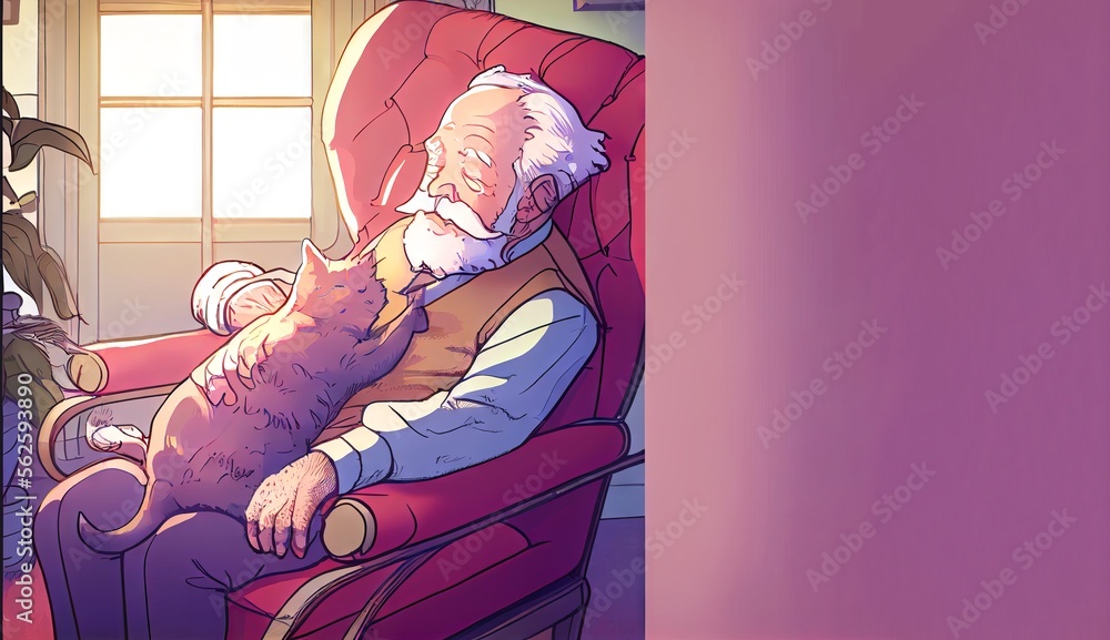 Cartoon Illustration of an old man, sitting in a chair with his Cat ...