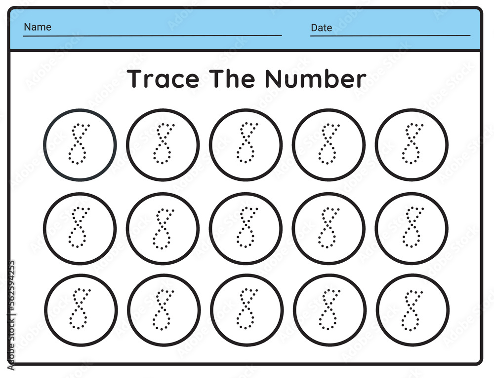 Number 8 tracing practice worksheet with all numbers for kids learning ...