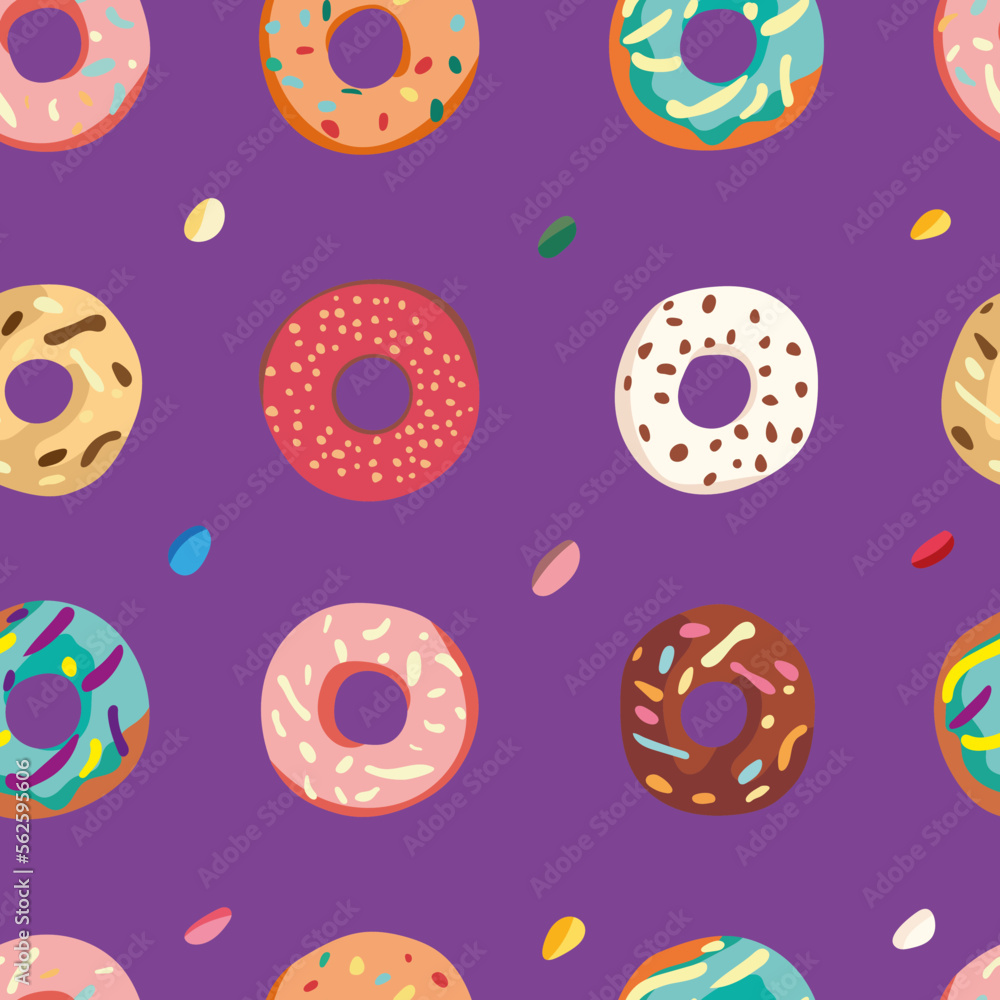 Patron en vectores de donas de distintos sabores, chocolate, frutas ...