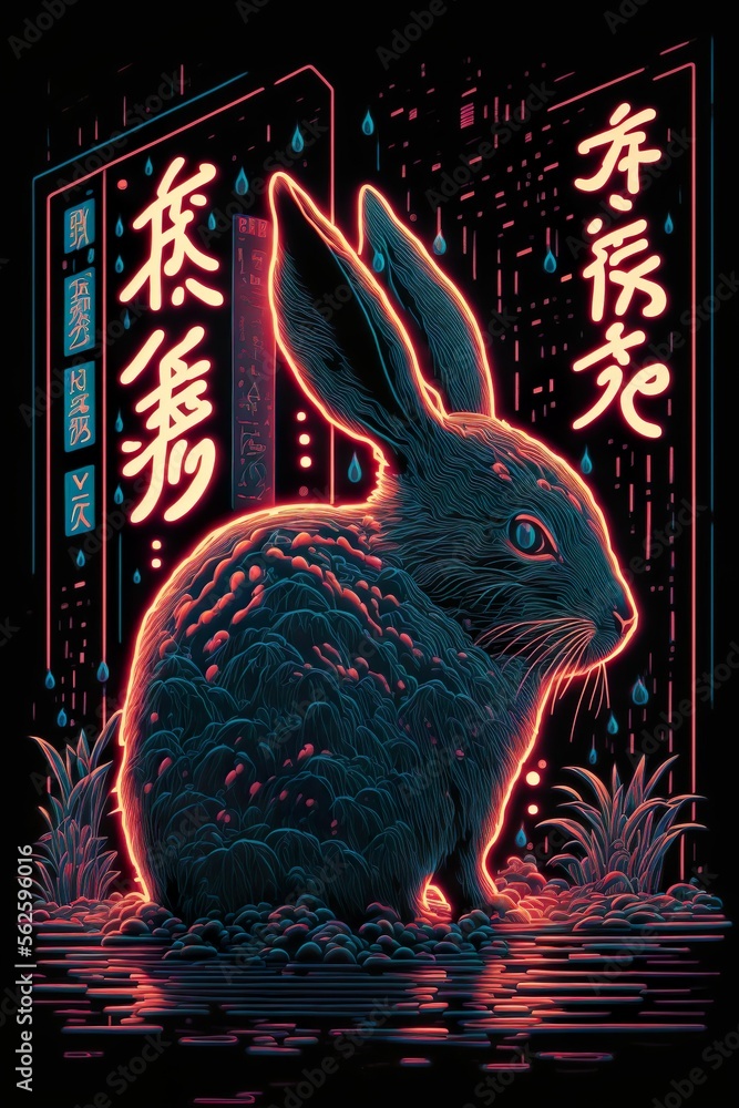 Fun and Cute: A neon Cartoon Illustration of a Happy Bunny Rabbit as a ...