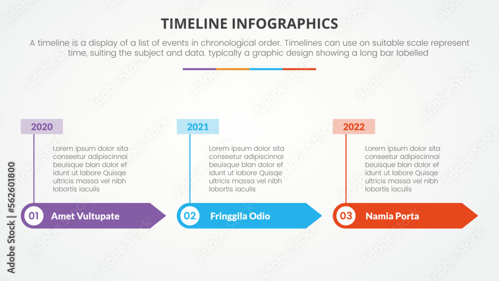 timeline infographic concept with year and arrow shape description for ...
