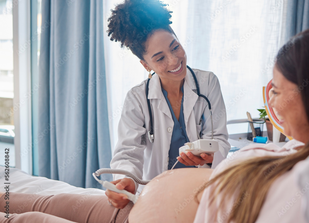 Woman, pregnancy and doctor, ultrasound at clinic with happiness ...