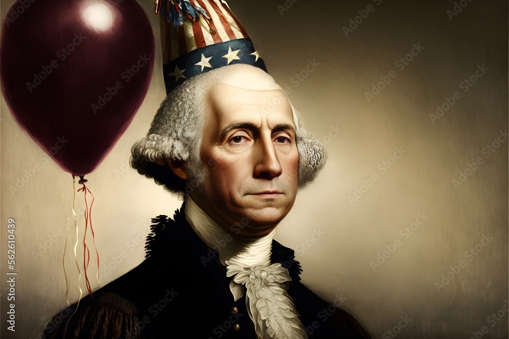 George Washington waering Birthday hat with Birthday ballon as ...