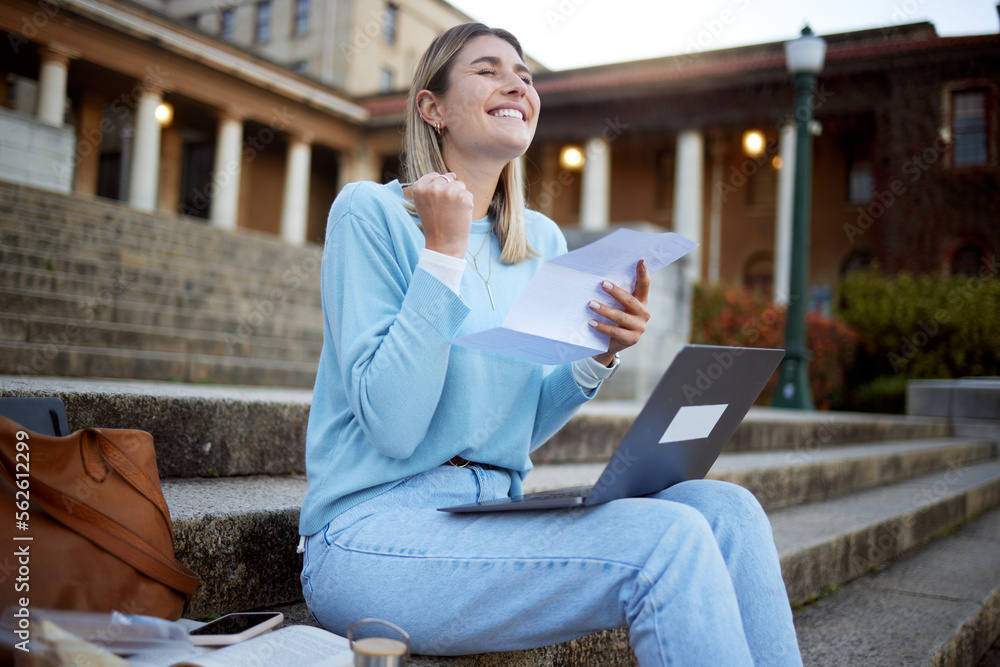 University success, student scholarship paper and happy woman excited ...