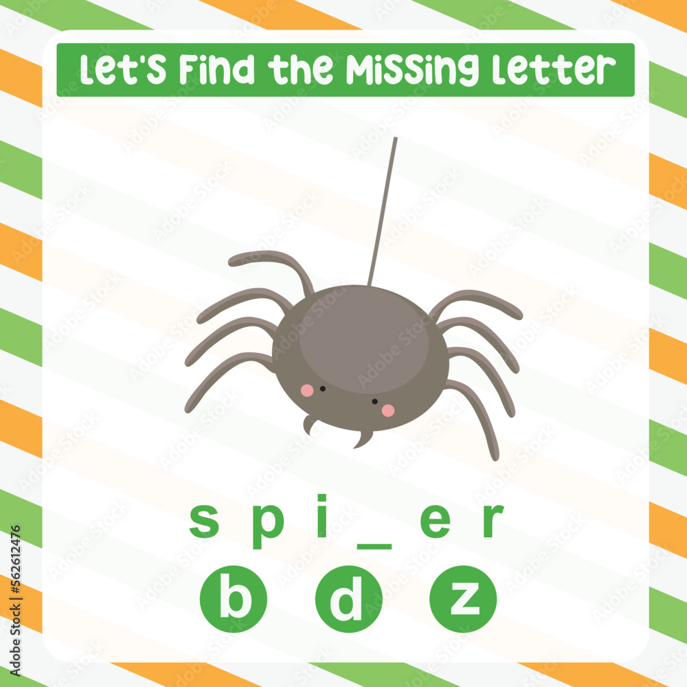 Find the missing letter spider worksheet for kids learning insects in ...