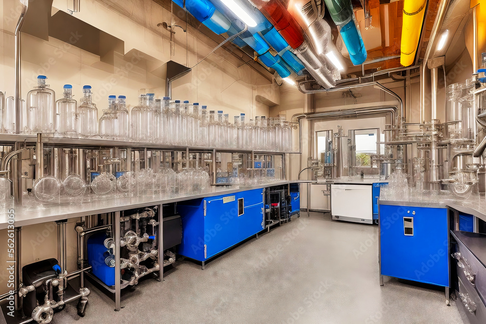 Chemical laboratory with blue cabinets and a variety of glass bottles ...
