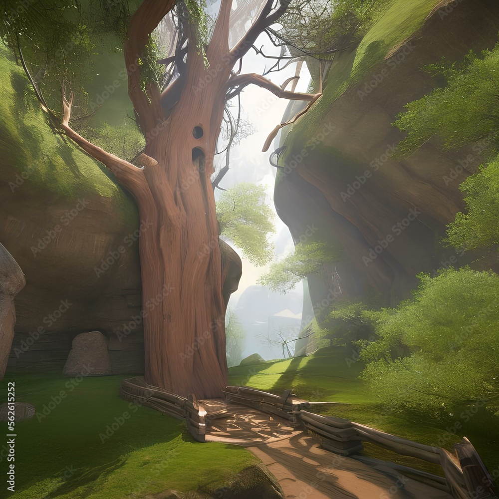 Fantasy art of A giant tree with a hidden door leading to an ...