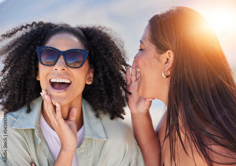 Girl friends, whisper and happy communication of a woman with a secret ...
