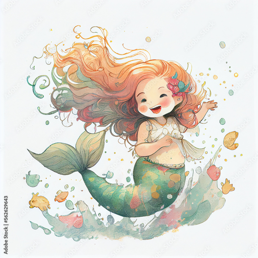 Cartoon. Cute mermaid smiling. generative ai Stock Illustration | Adobe ...