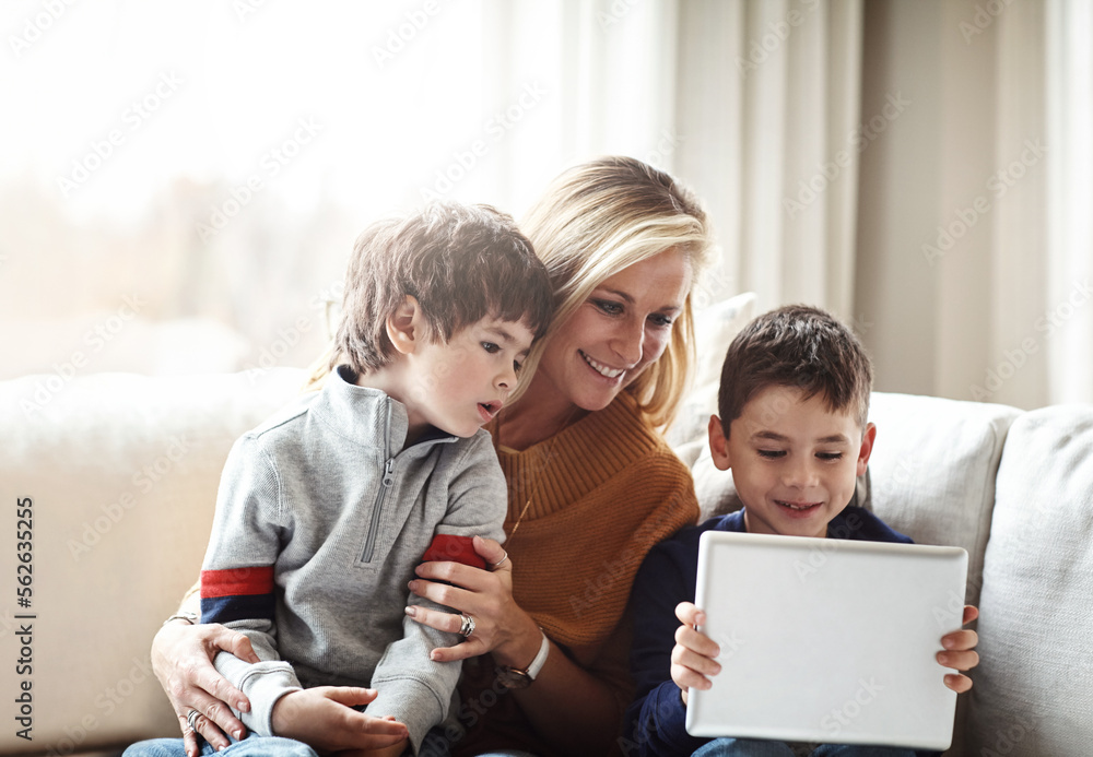 Relax, tablet and mother with children on sofa bonding, quality time ...