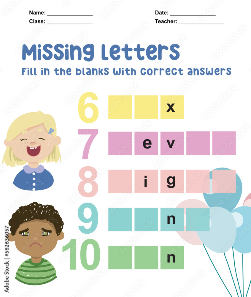 Vetor de Missing letters worksheet. Complete the letters for number in ...