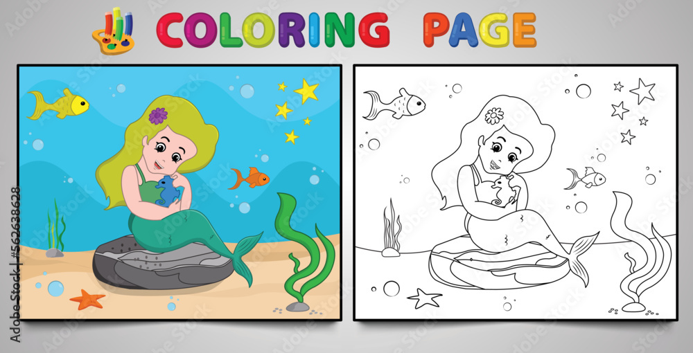 Cartoon mermaid coloring page no: 14 kids activity page with line art ...