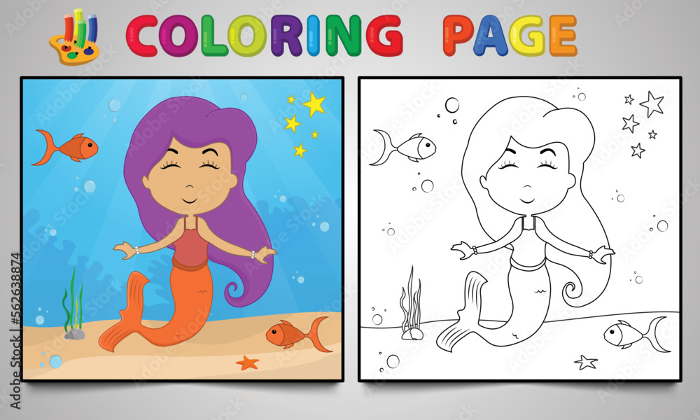 Cartoon mermaid coloring page no: 12 kids activity page with line art ...