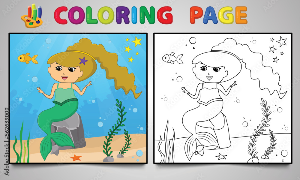 Cartoon mermaid coloring page no: 11 kids activity page with line art ...