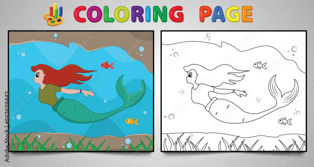 Cartoon mermaid coloring page no: 20 kids activity page with line art ...