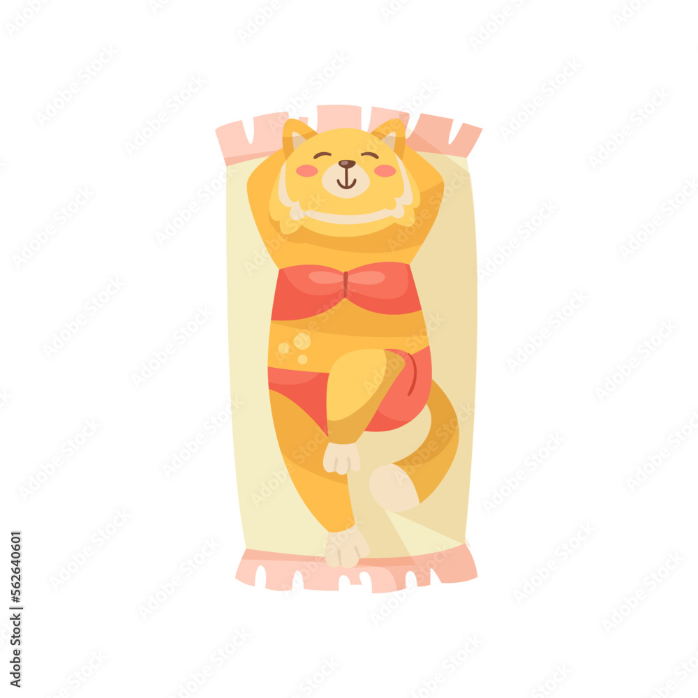 Fox or cat cartoon character sunbathing vector illustration. Summer ...