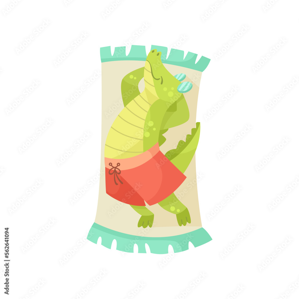 Crocodile cartoon character sunbathing vector illustration. Summer ...