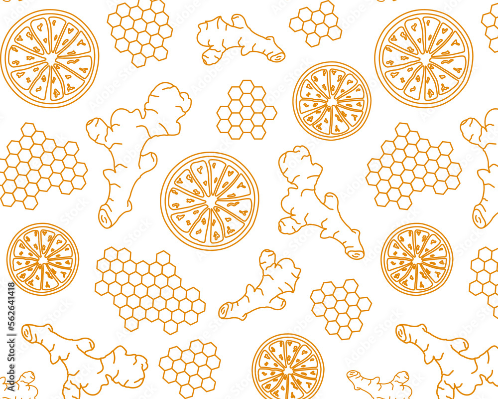 doodle pattern with ginger, lemon, honey, poster for a dining room ...