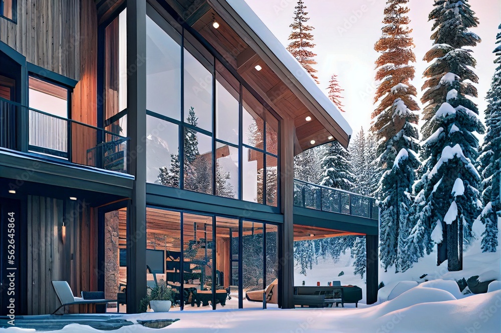 modern luxury ski chalet, large windows made with generative ai ...