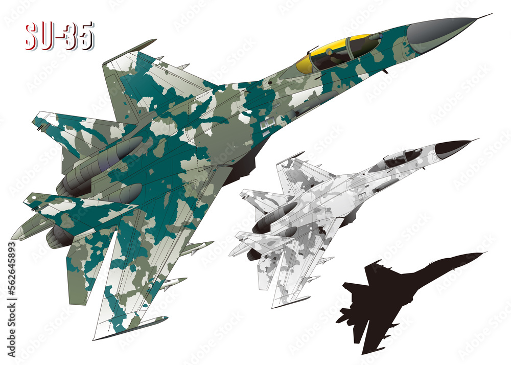 Green and gray camouflageed sukhoi SU-35 jet fighter plane illustration ...