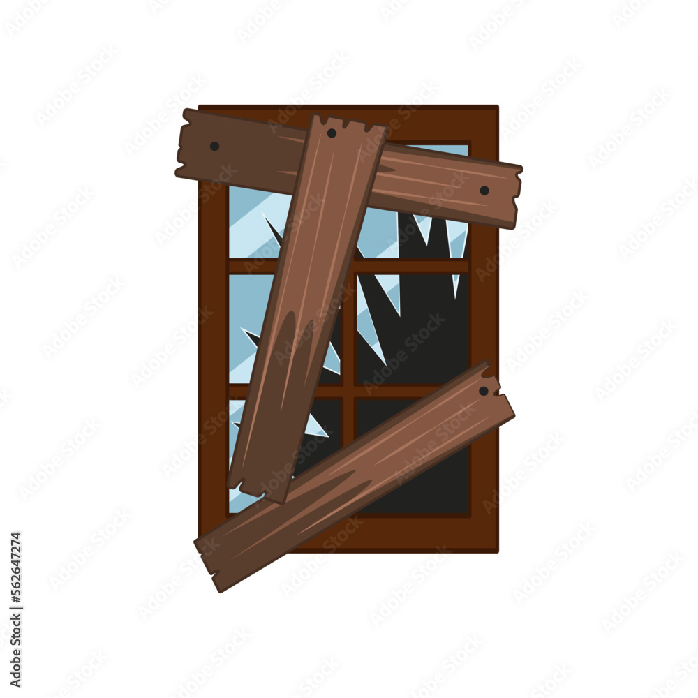Smashed window covered by wooden boards vector illustration. Cartoon ...