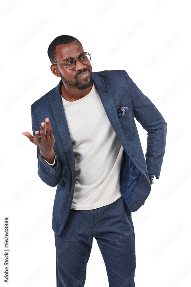 Doubt, confused and mockup with a business black man in studio isolated ...