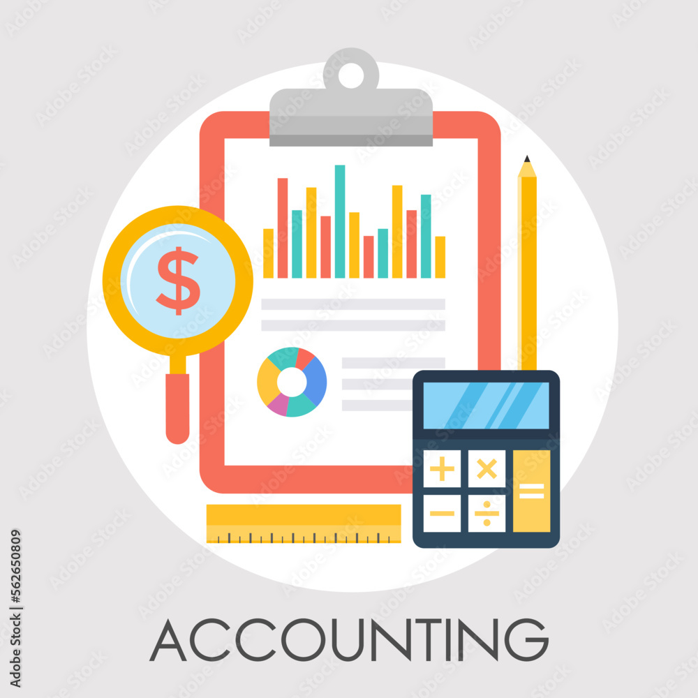 accounting vector illustration with job sheet, graph, magnifying and ...