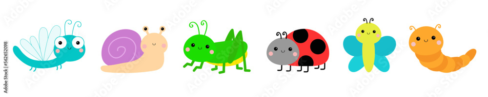 Insect set line. Grasshopper, dragonfly, snail, ladybug ladybird ...