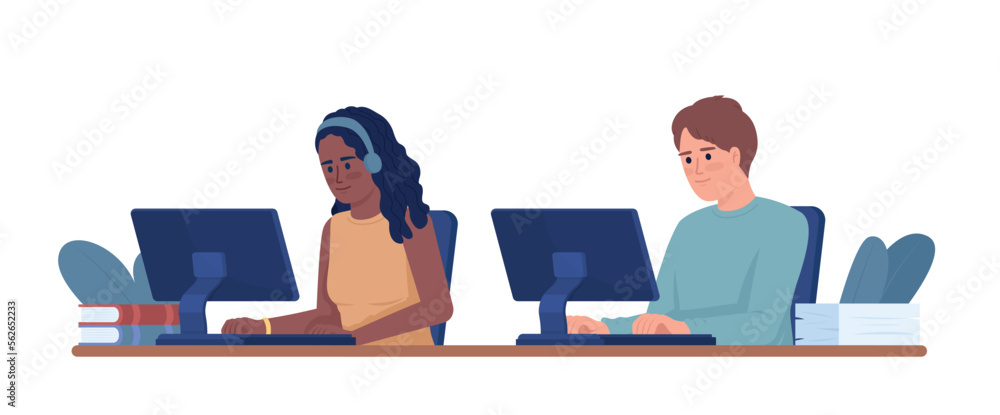 Young employees working on computers side by side semi flat color ...