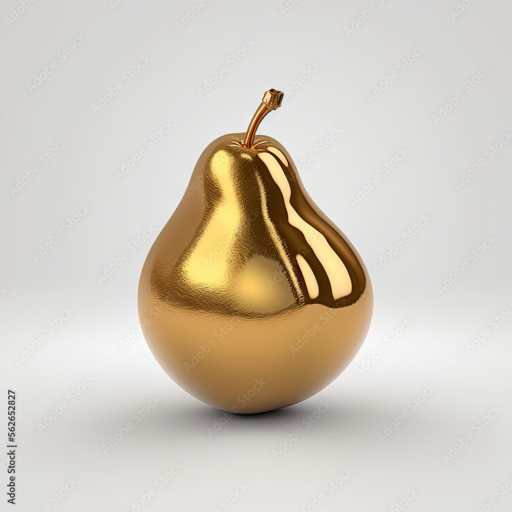 3d render of a golden glossy pear isolated on white background with ...