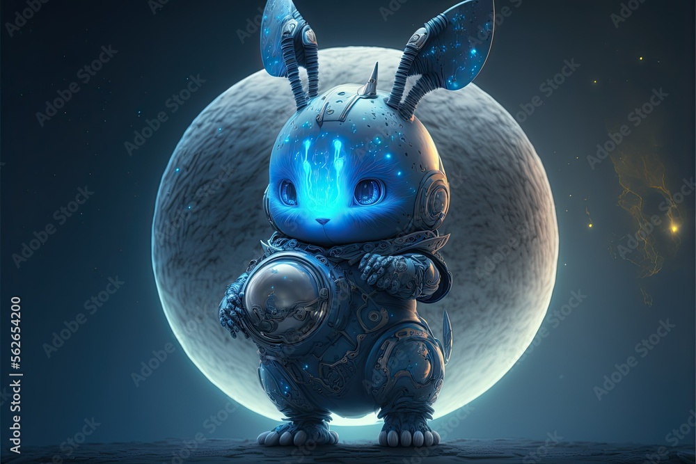 Cute 3D character, a giant blue rabbit robot character, looking at the ...