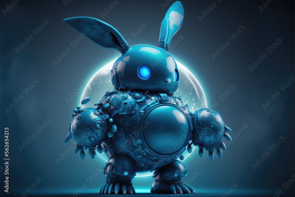 Cute 3D character, a giant blue rabbit robot character, looking at the ...