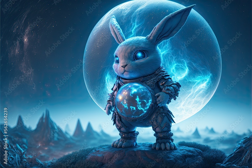 Cute 3D character, a giant blue rabbit robot character, looking at the ...