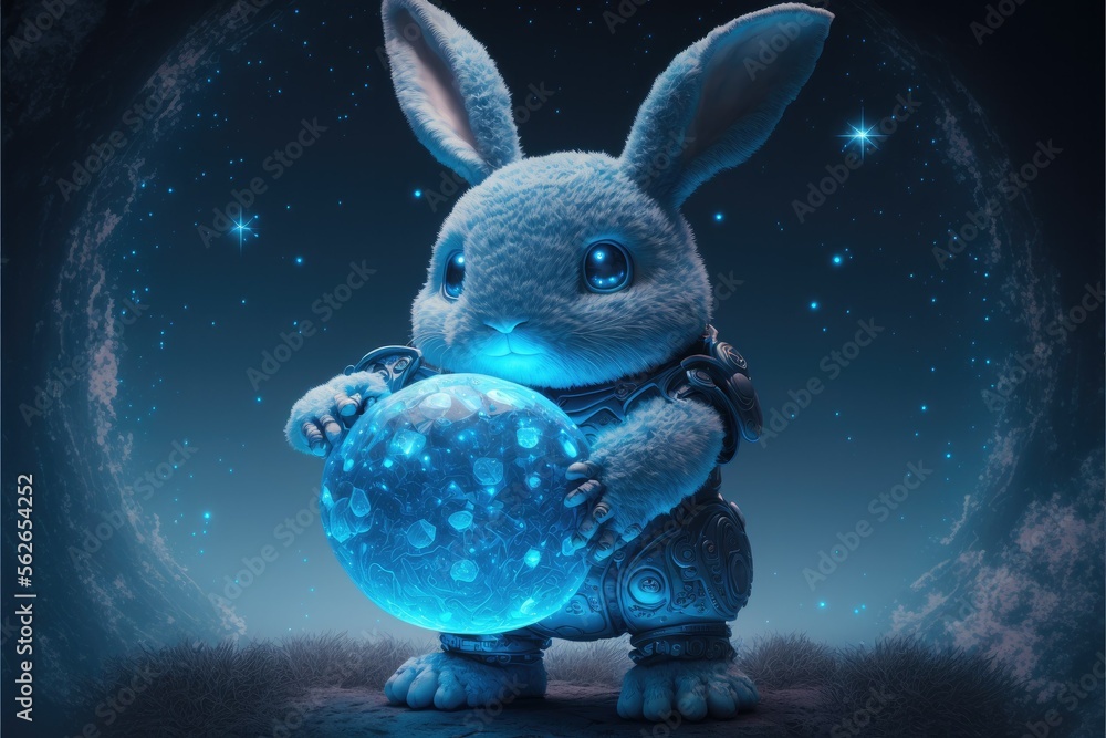 Cute 3D character, a giant blue rabbit robot character, looking at the ...