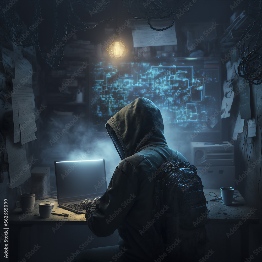 Back view of an hacker in a dark room with blue neon, futuristic, sci ...