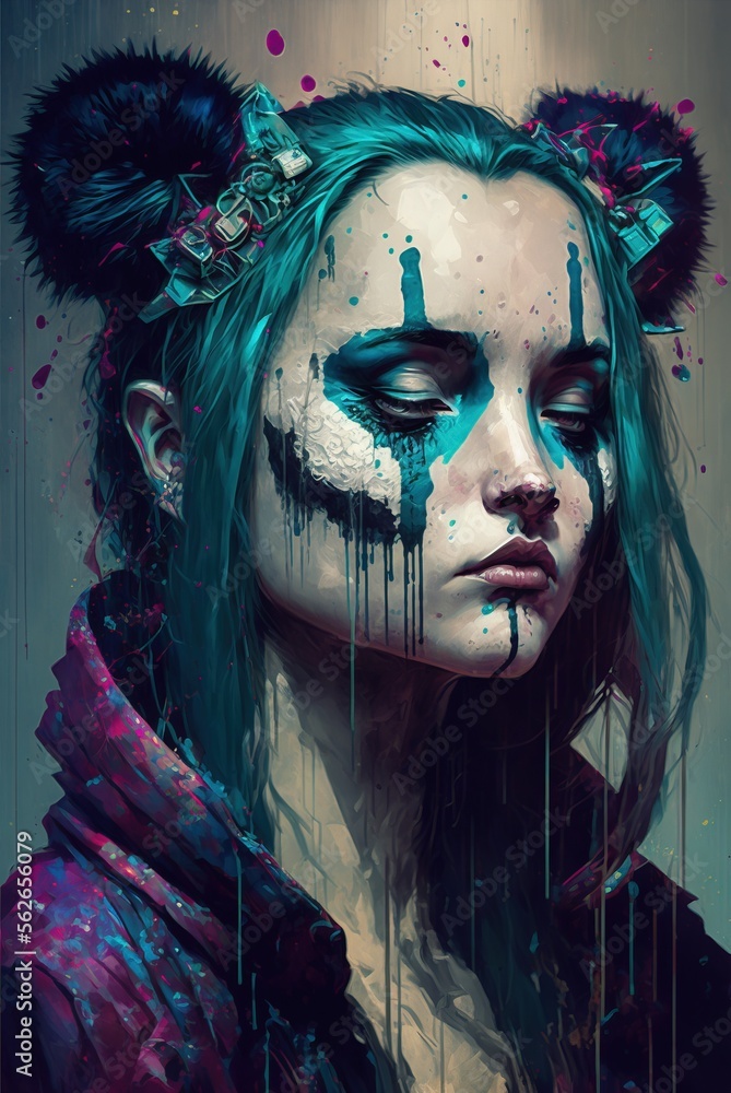 Emotional and sad, daydreaming cyberpunk girl with fluffy panda bear ...