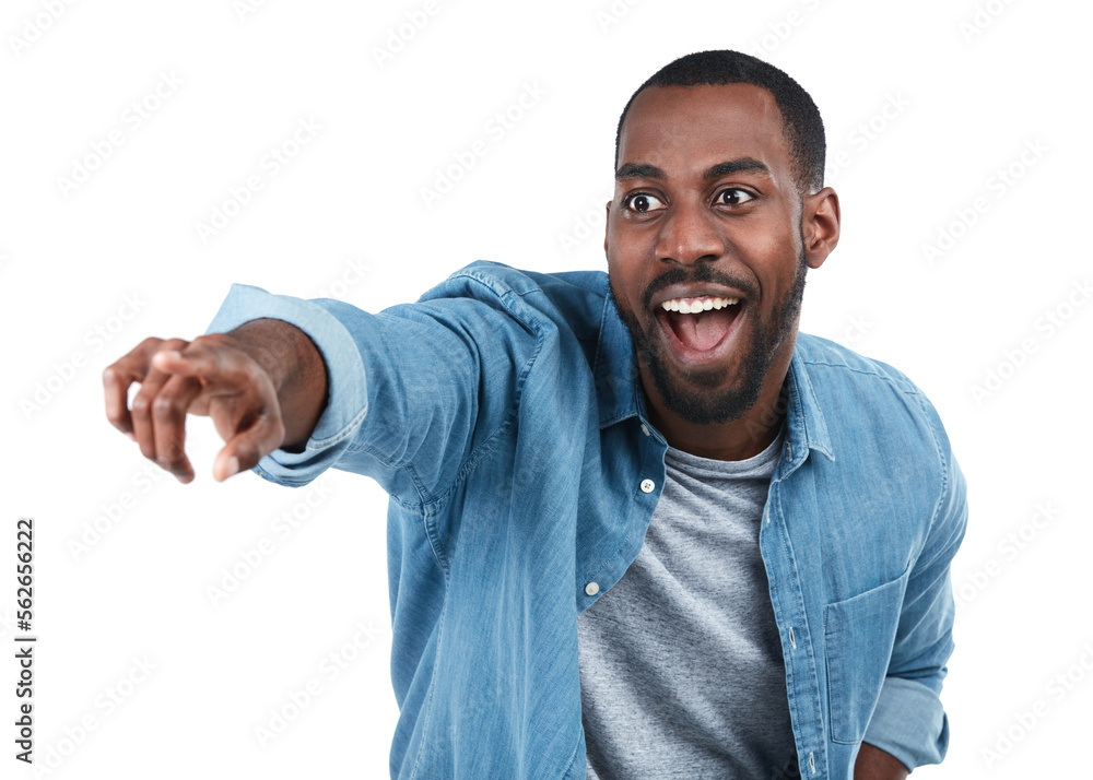 Black man, pointing and studio portrait with excited smile, motivation ...