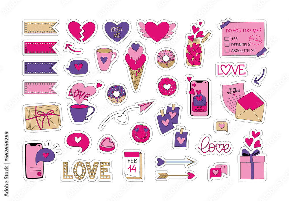 Love Messages Printable Sticker Pack With Cartoon Hearts Illustrations ...