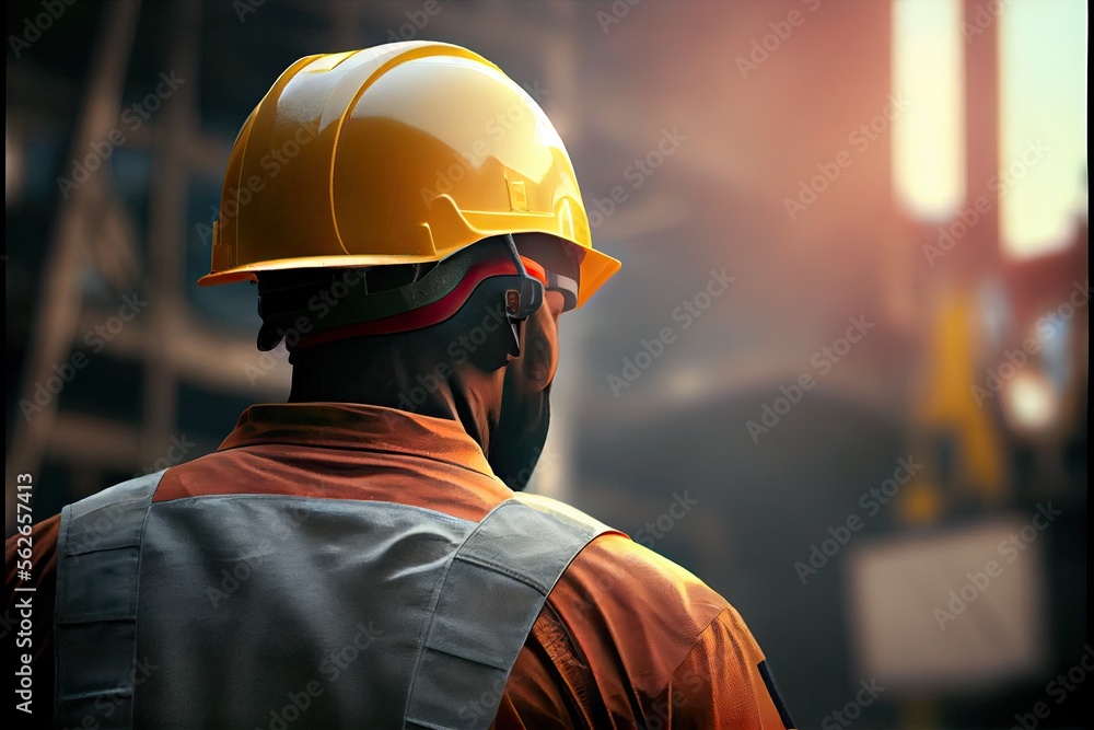 at back of the construction worker head which is wearing the safety ...