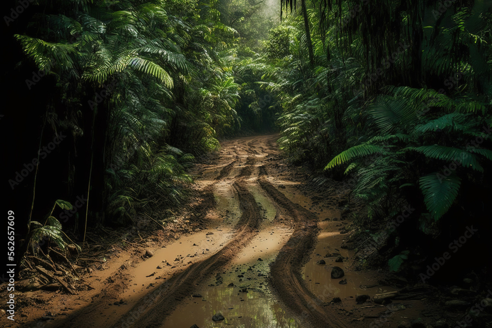 The terrain route with wet muddy surface in the deep jungle, extreme ...