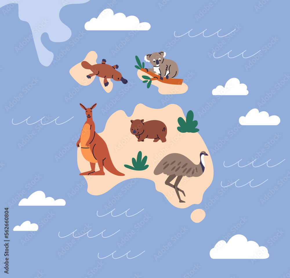Australia map with wild Australian animals. Wildlife, fauna, mammals on ...